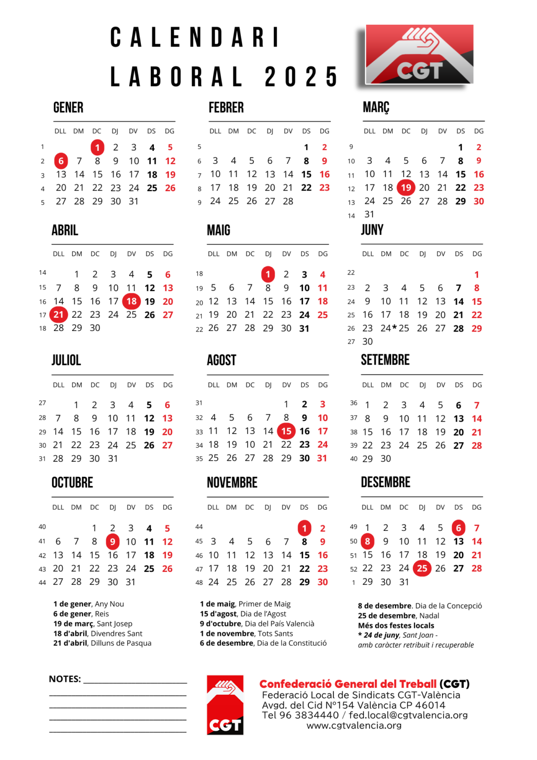 Calendario Laboral 2025 Valencia | CGT València